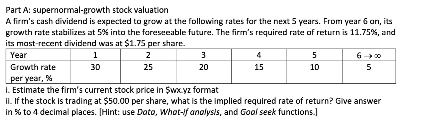 Solved Part A: supernormal-growth stock valuation A firm's | Chegg.com