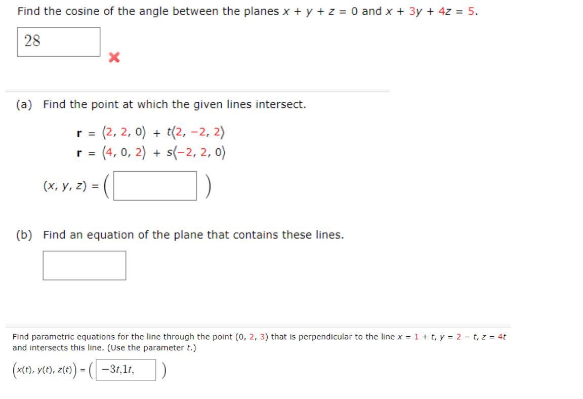 Solved Find the cosine of the angle between the planes x + y | Chegg.com