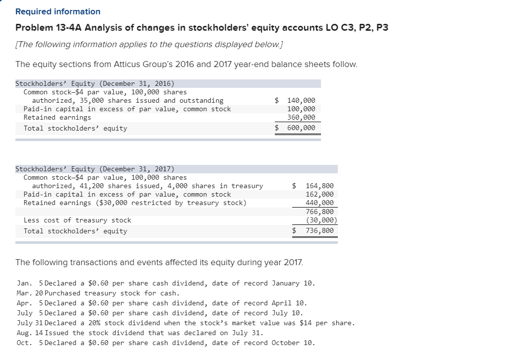 Solved Required information Problem 13-4A Analysis of | Chegg.com