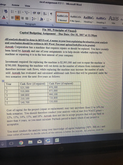 Solved excel assignment-F17-1-Microsoft Word ilings | Chegg.com
