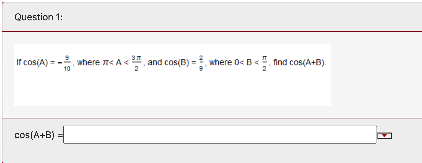 Solved If cos(A)=−109, where π | Chegg.com