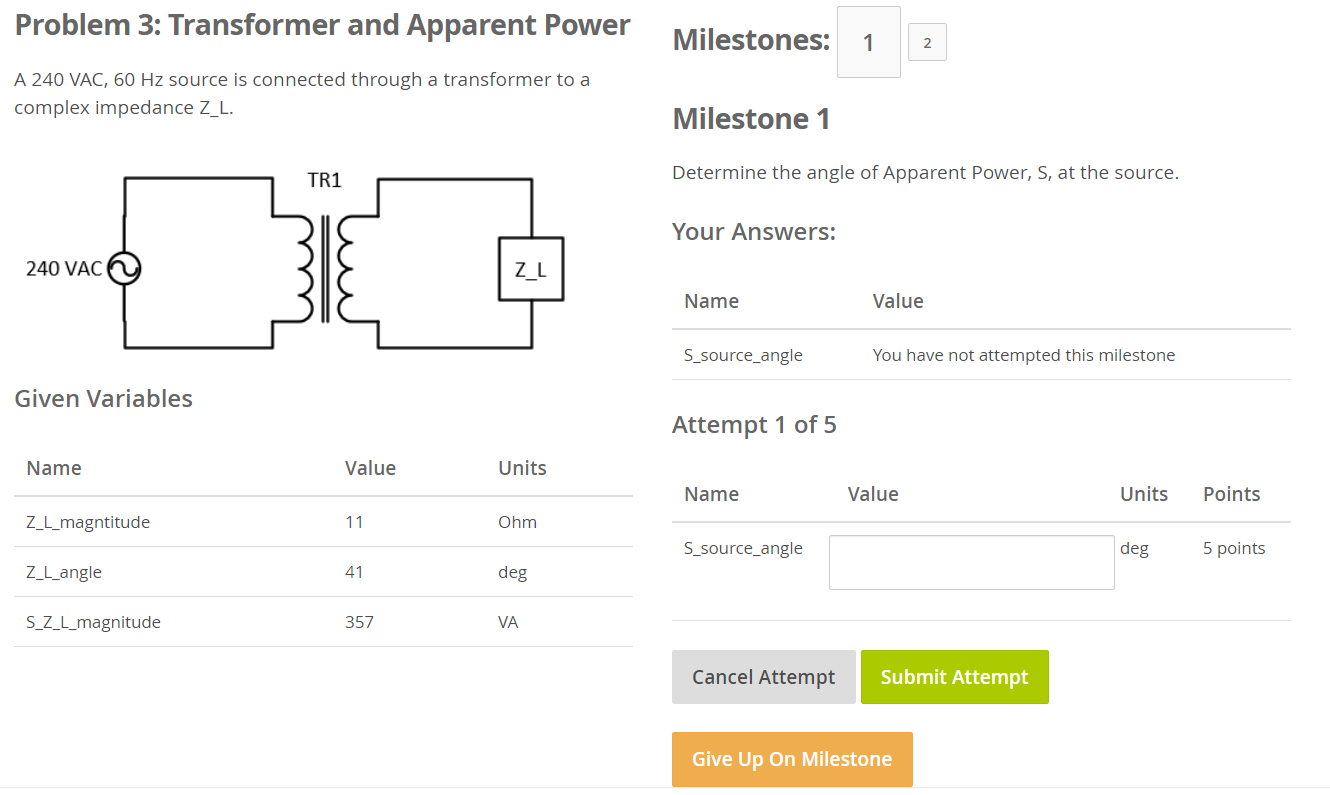 Solved Problem 3: Transformer and Apparent Power Milestones: | Chegg.com