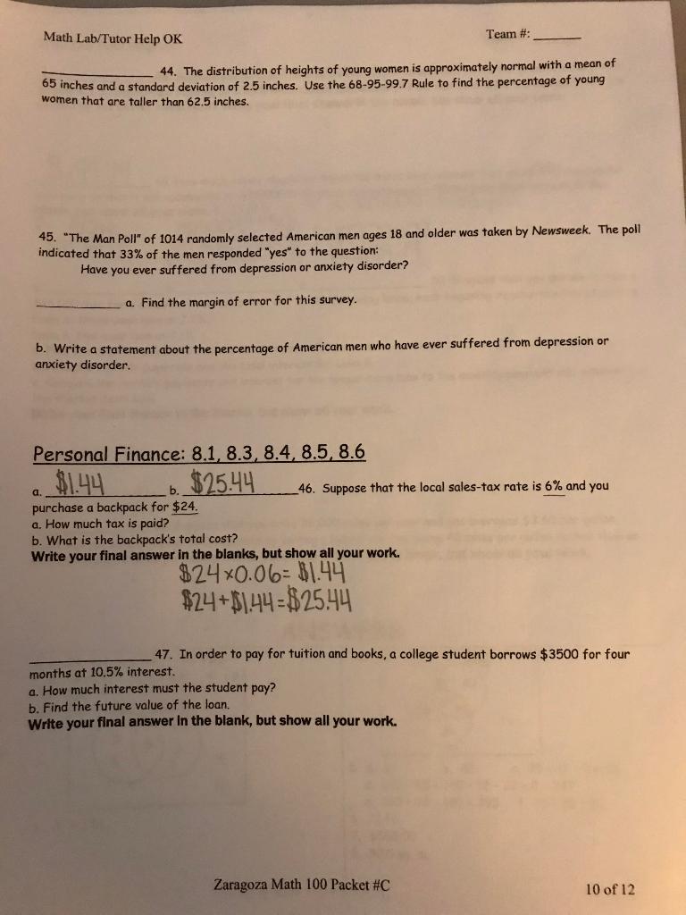 Solved Math Lab/Tutor Help OK Team #: 44. The distribution | Chegg.com