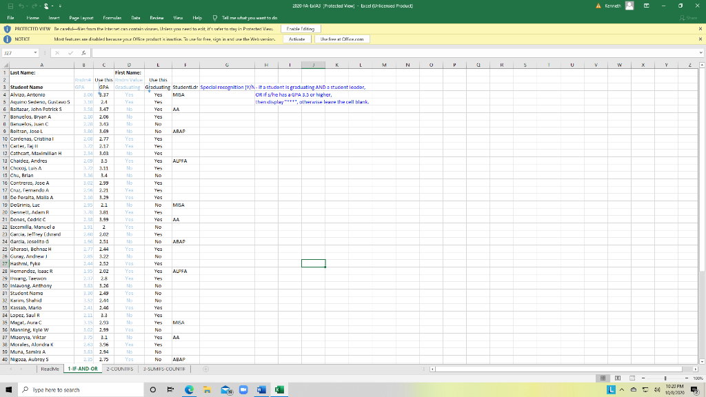 2120-FA-Ex/A3 Protected view - Excel (Unlicensed | Chegg.com
