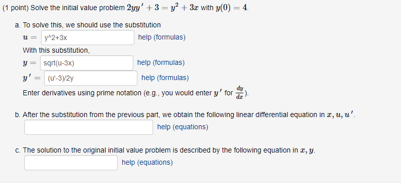 Solved (1 point) Solve the initial value problem 2yy' + 3 = | Chegg.com