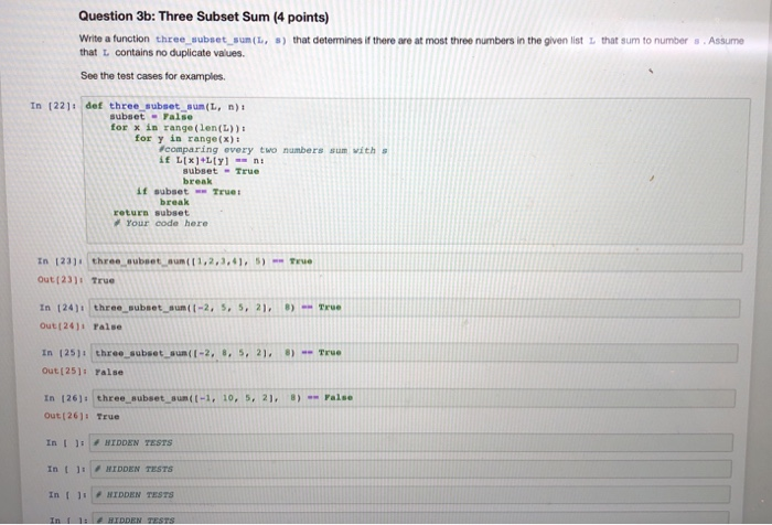 Solved Question 3b: Three Subset Sum (4 points) Write a | Chegg.com