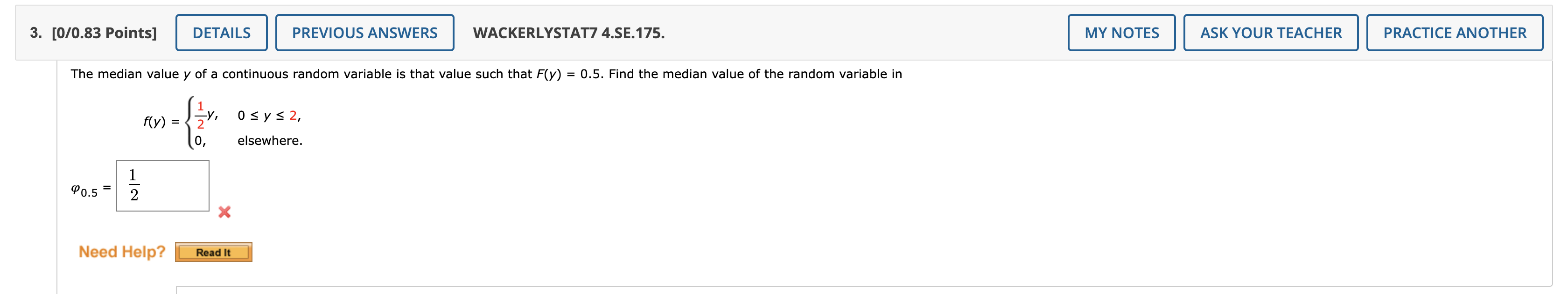 Solved The median value y of a continuous random variable is | Chegg.com