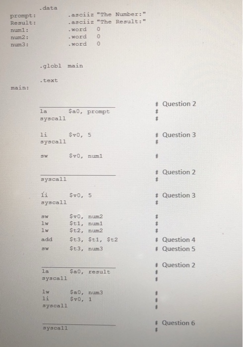 Solved .data prompt: Result: numl: num2: num3: .asciiz "The | Chegg.com