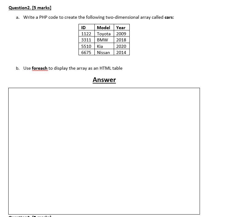 Solved Question 2 5 Marks A Write A Php Code To Create 1280