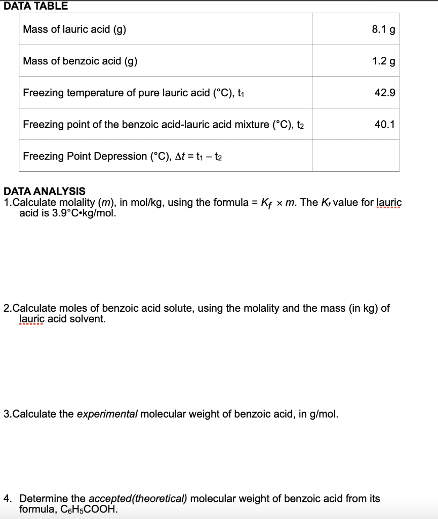 Solved DATA ANALYSIS 1.Calculate molality (m), in mol/kg, | Chegg.com