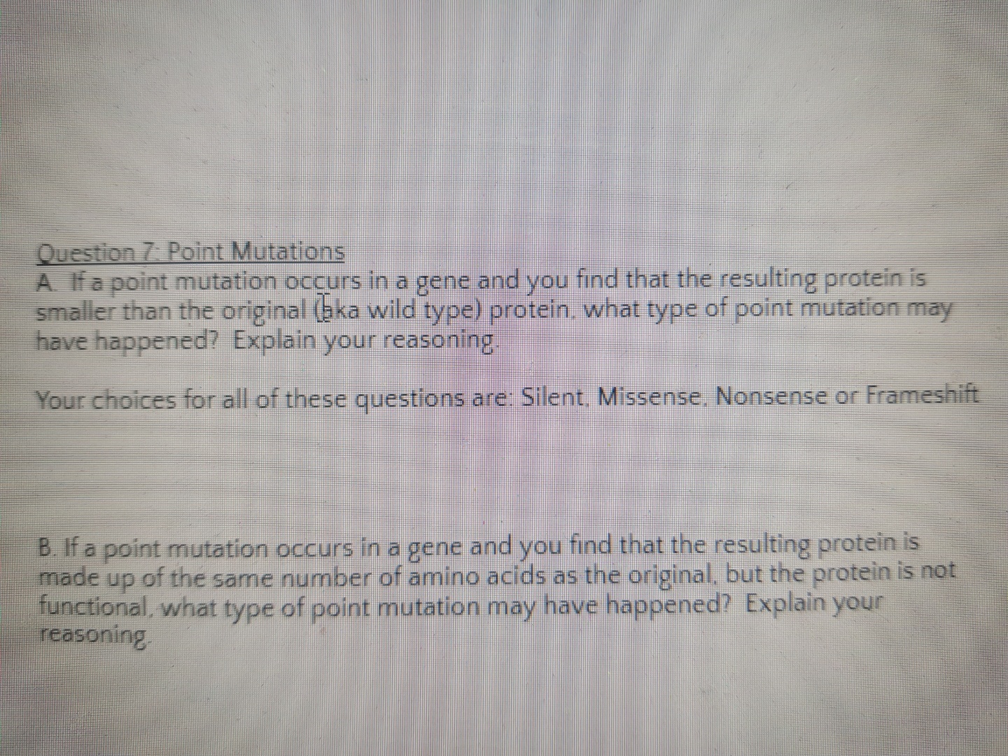 Solved Question 7: Point Mutations A. If a point mutation | Chegg.com