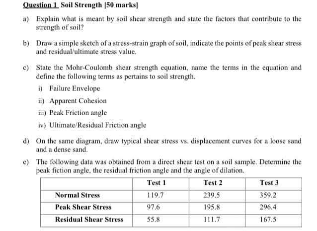c) State the Mohr-Coulomb shear strength equation, | Chegg.com