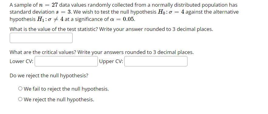 Solved A sample of n = 27 data values randomly collected | Chegg.com