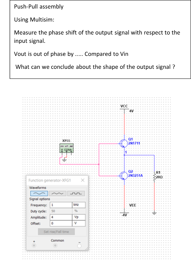 Solved Push-Pull assembly Using Multisim: Measure the phase | Chegg.com