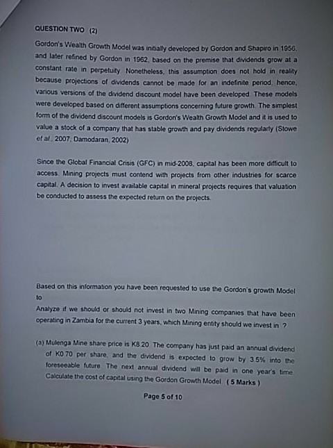 Solved QUESTION TWO (2) Gordon's Wealth Growth Model was | Chegg.com