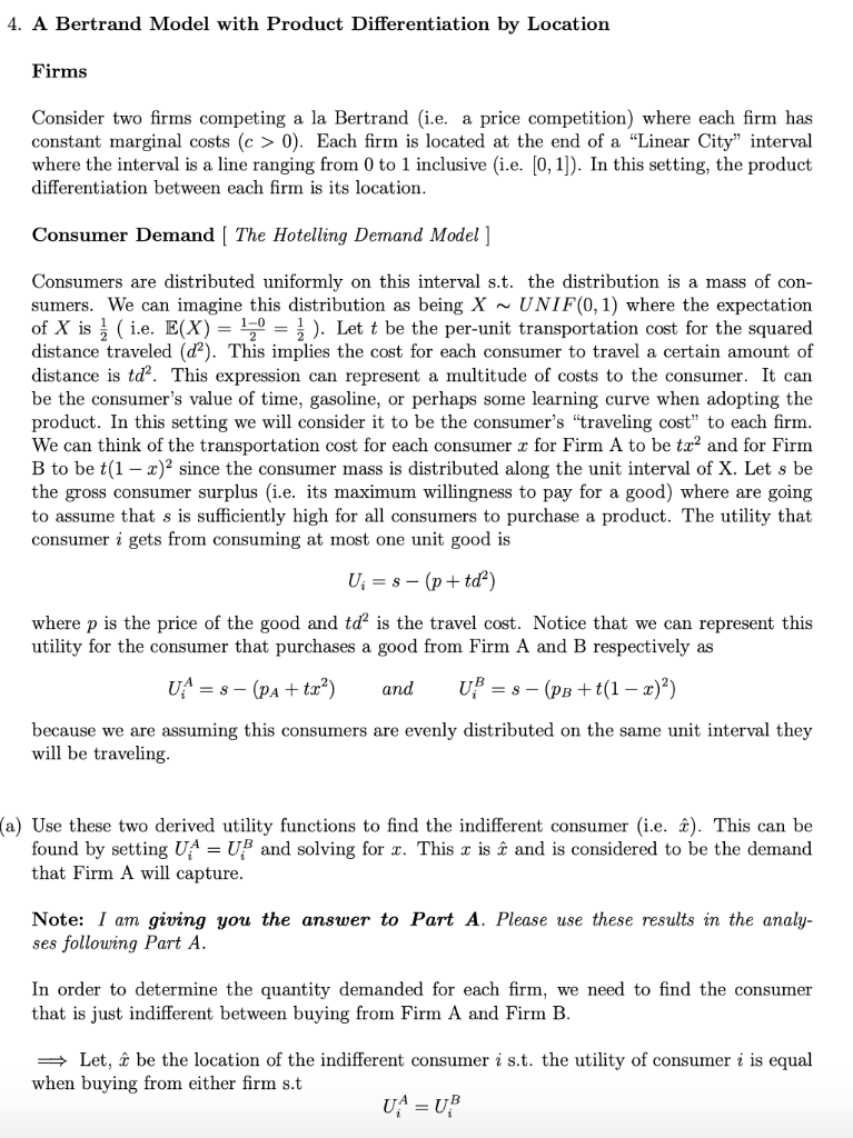 4. A Bertrand Model with Product Differentiation by | Chegg.com