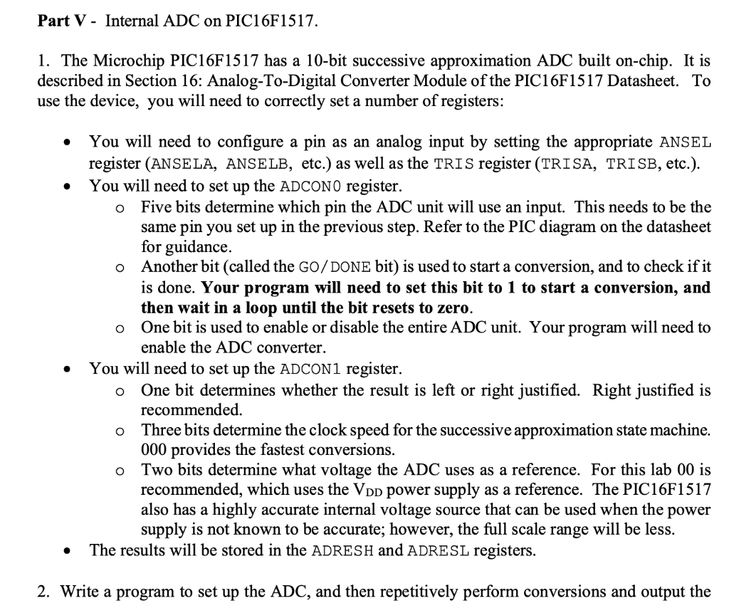 Part V - Internal ADC on PIC16F1517. 1. The Microchip | Chegg.com
