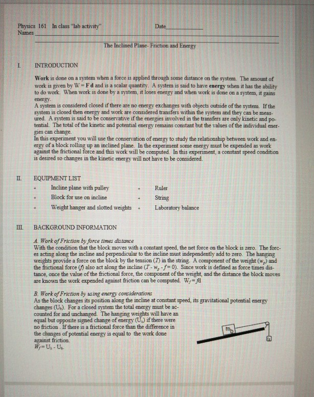 Solved Physics 161 Names In class "lab activity" - Date The | Chegg.com