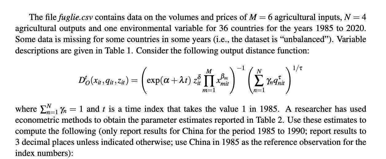 Solved The file fuglie.csv contains data on the volumes and | Chegg.com