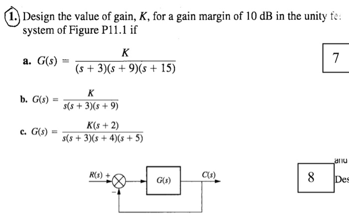 Solved 1. Design the value of gain, K, for a gain margin of | Chegg.com