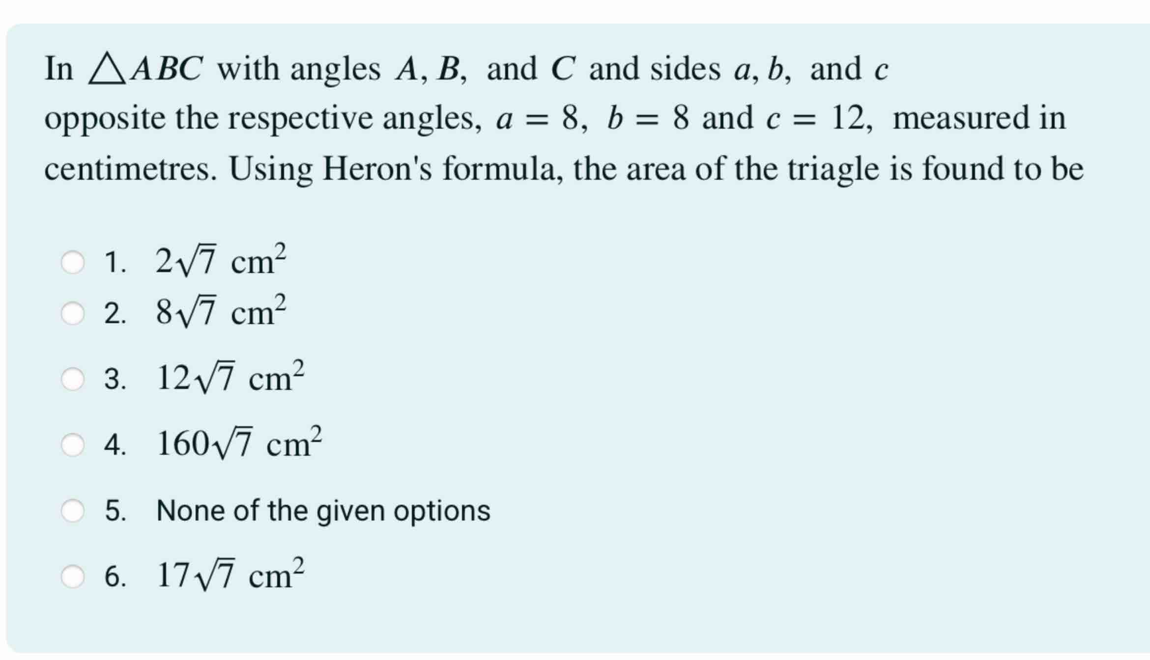 Solved In ????ABC ﻿with angles A,B, ﻿and C ﻿and sides a,b, | Chegg.com