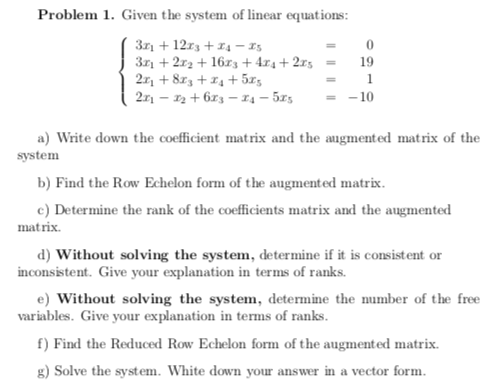Solved Problem 1. Given the system of linear equations: -0 | Chegg.com