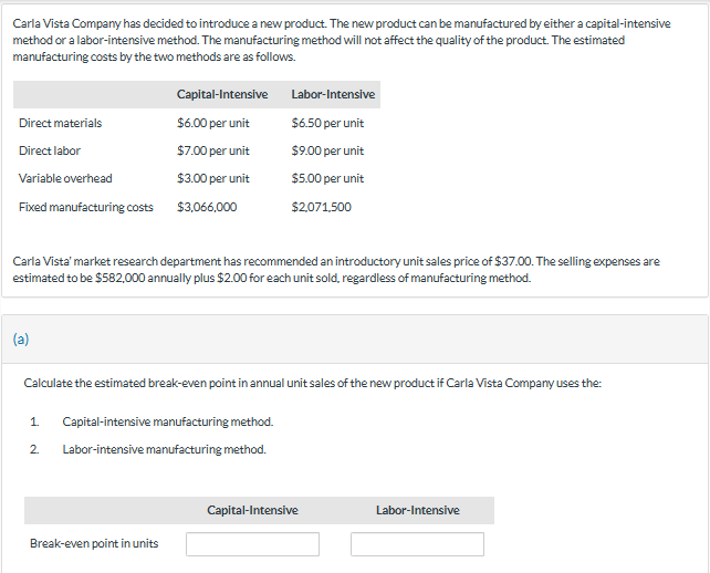 Solved Carla Vista Company has decided to introduce a new | Chegg.com