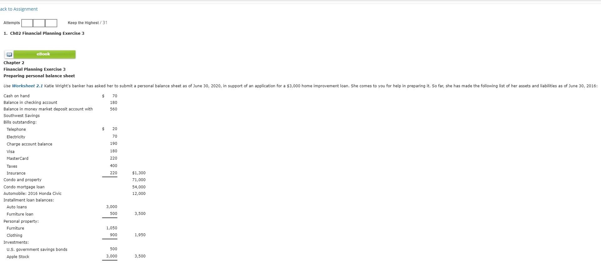 Solved 1. Ch02 Financial Planning Exercise 3a. Solvency | Chegg.com