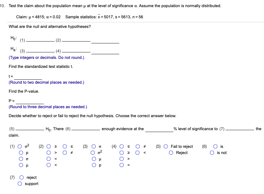 Solved 10. Test the claim about the population mean p at the | Chegg.com