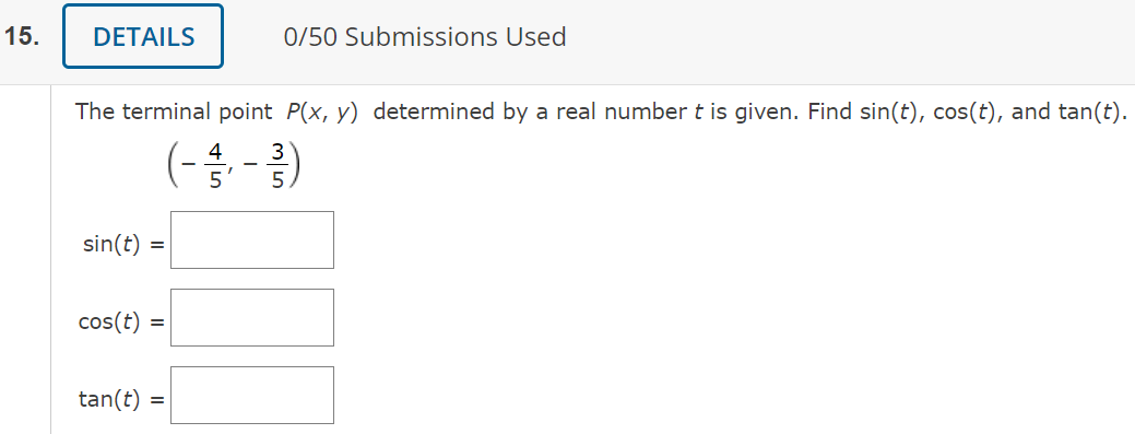 Solved 0/50 Submissions Used The terminal point P(x,y) | Chegg.com