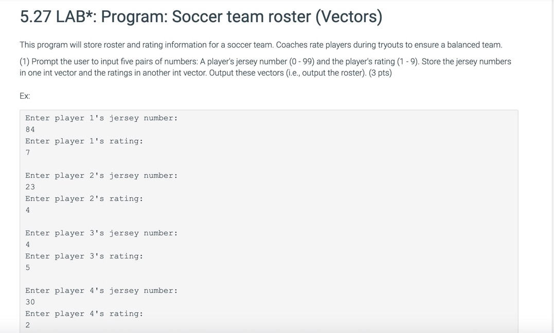 Solved 5 27 Lab Program Soccer Team Roster Vectors T