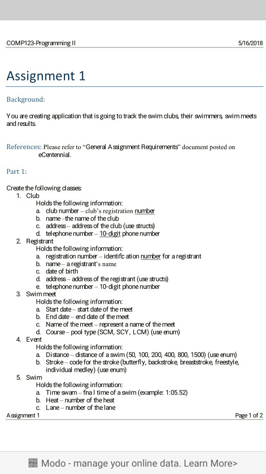 COMP123-Programming II 5/16/2018 Assignment 1 | Chegg.com