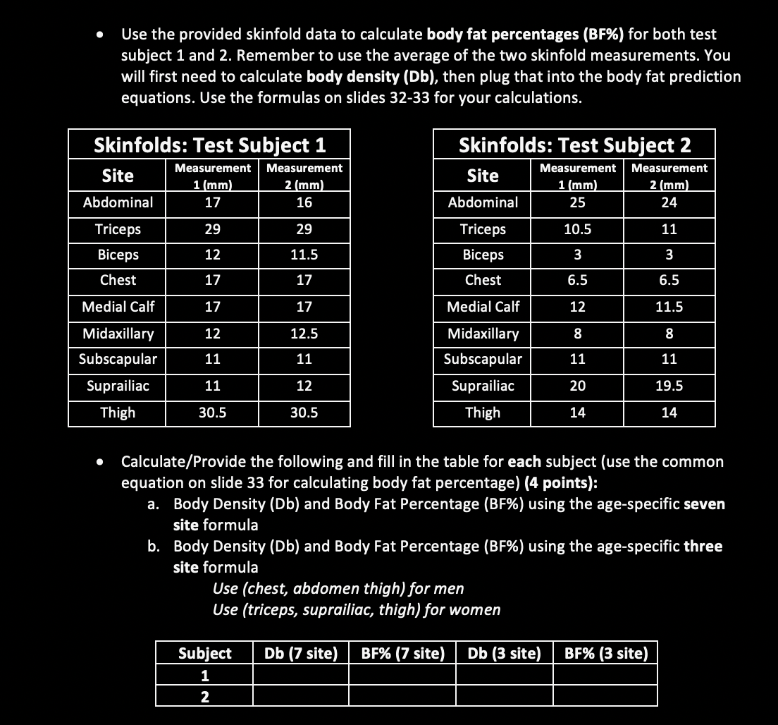 Solved - Use the provided skinfold data to calculate body | Chegg.com