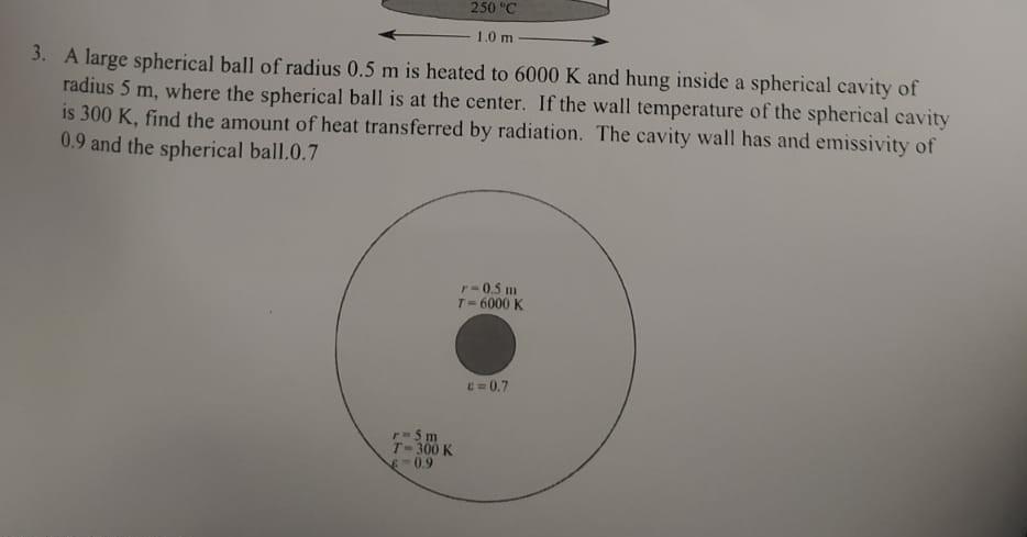 Solved 250 °C 1.0 m - 3. A large spherical ball of radius | Chegg.com