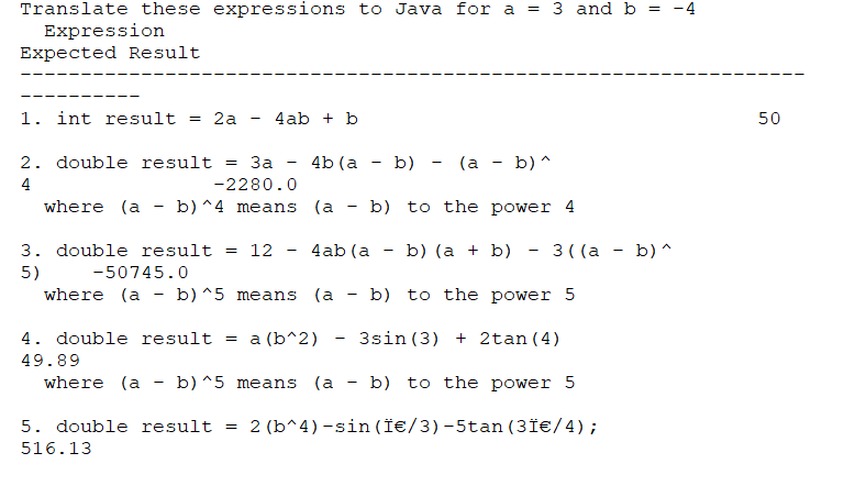 Solved Translate these expressions to Java for a=3 and b=−4 | Chegg.com