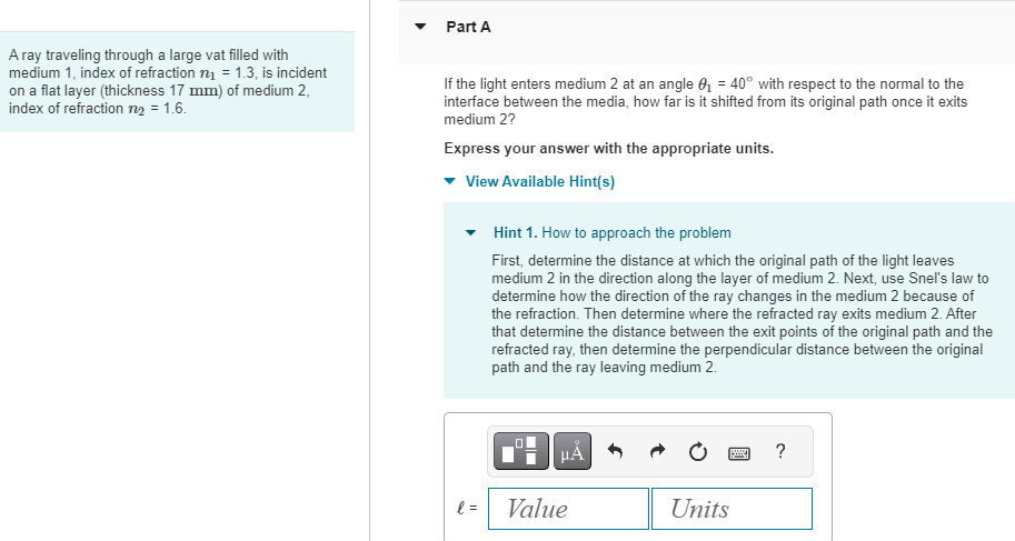 Solved A ray traveling through a large vat filled withmedium | Chegg.com