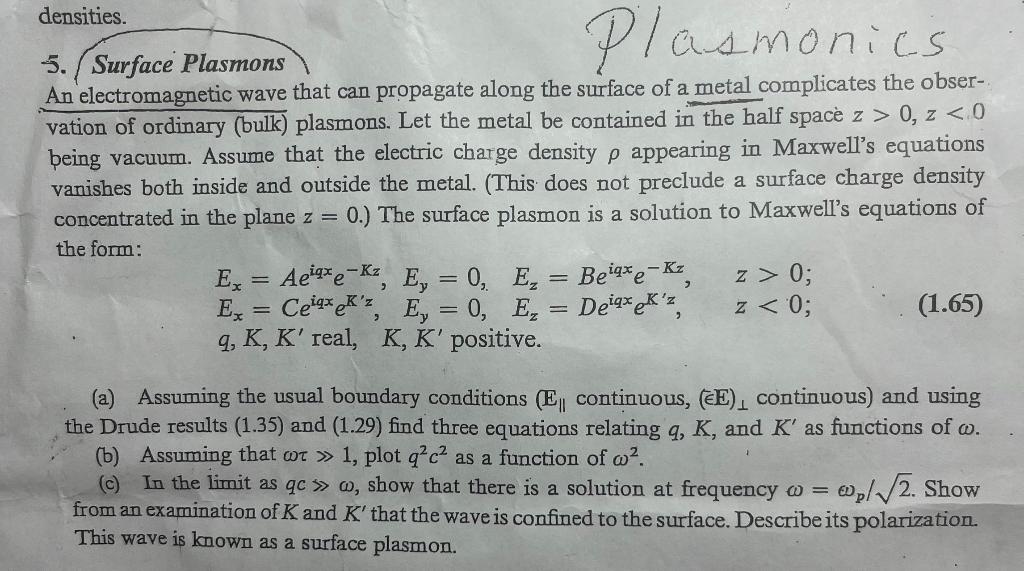 Solved 5. Surface Plasmons An electromagnetic wave that can | Chegg.com