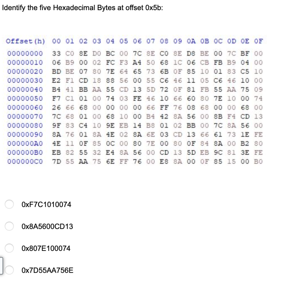 Solved Identify the five Hexadecimal Bytes at offset 0x5b: | Chegg.com
