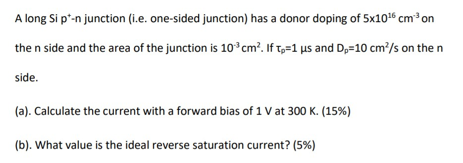 Solved A long Si p*-n junction (i.e. one-sided junction) has | Chegg.com