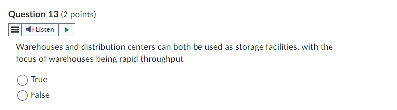 Solved Question 13 (2 ﻿points)Warehouses and distribution | Chegg.com