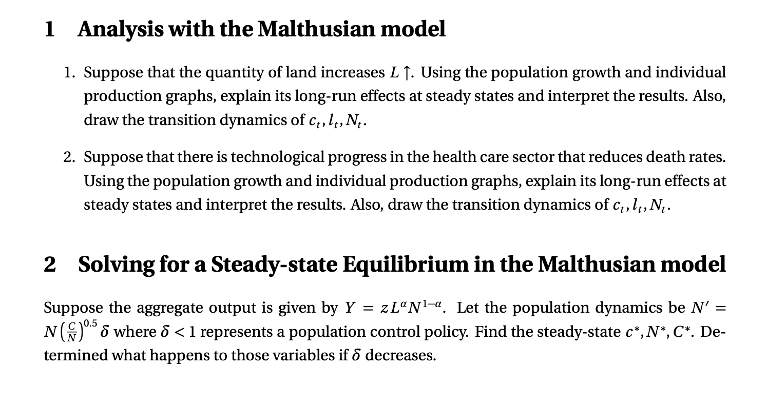 Solved 1 Analysis with the Malthusian model 1. Suppose that | Chegg.com