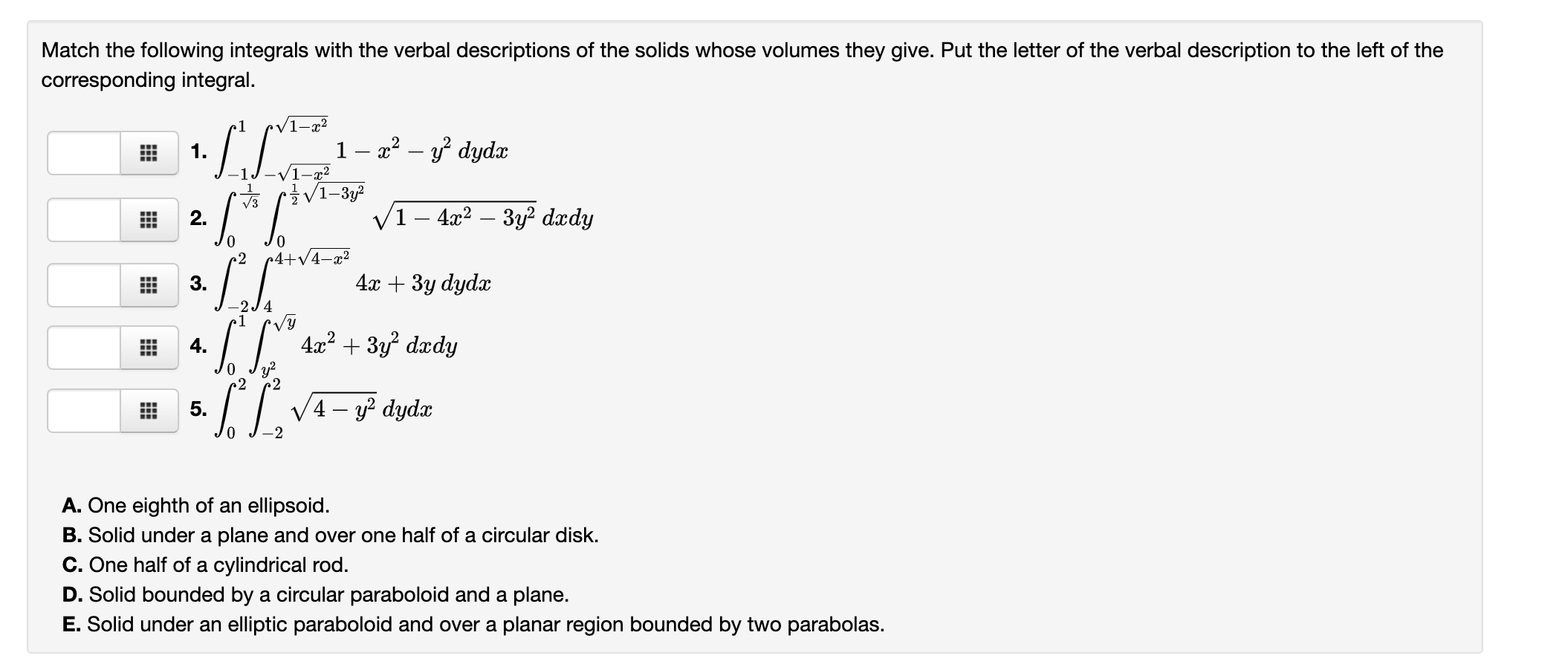 Solved Match the following integrals with the verbal | Chegg.com