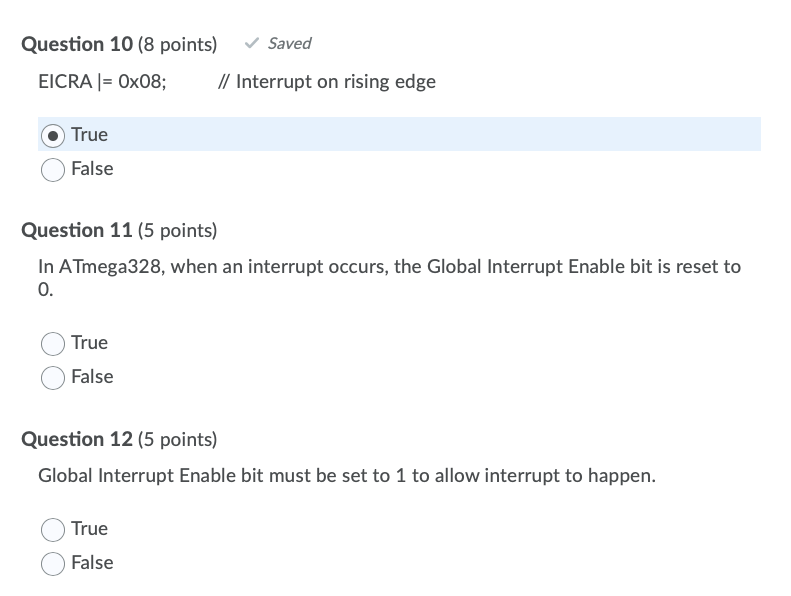 Solved Question 10 (8 points) Saved EICRA = 0x08; // | Chegg.com
