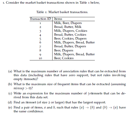Solved 1. Consider the market basket transactions shown in | Chegg.com