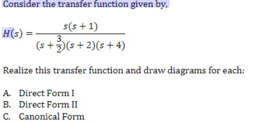 Solved Consider the transfer function given by, s(s+1) H(S) | Chegg.com