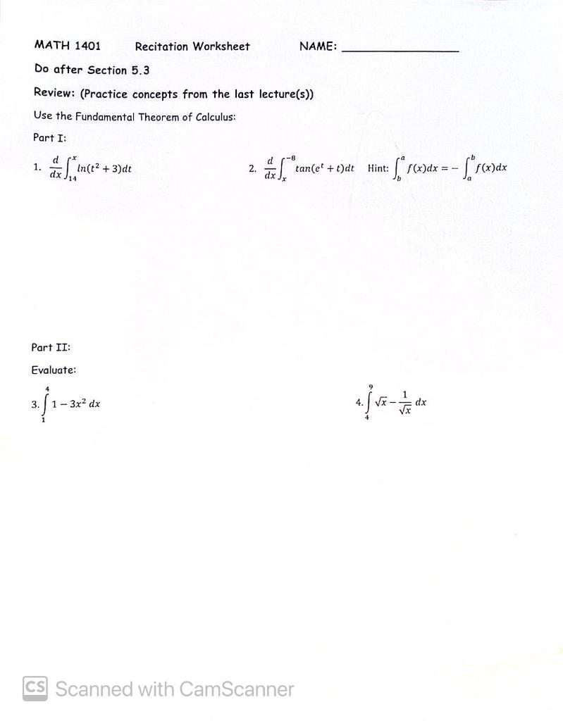 Solved MATH 1401 Recitation Worksheet NAME: Do after Section | Chegg.com