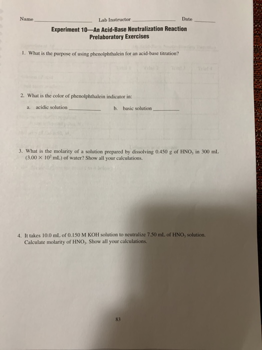 Solved Name Lab Instructor Date Experiment 10 An Acid Base