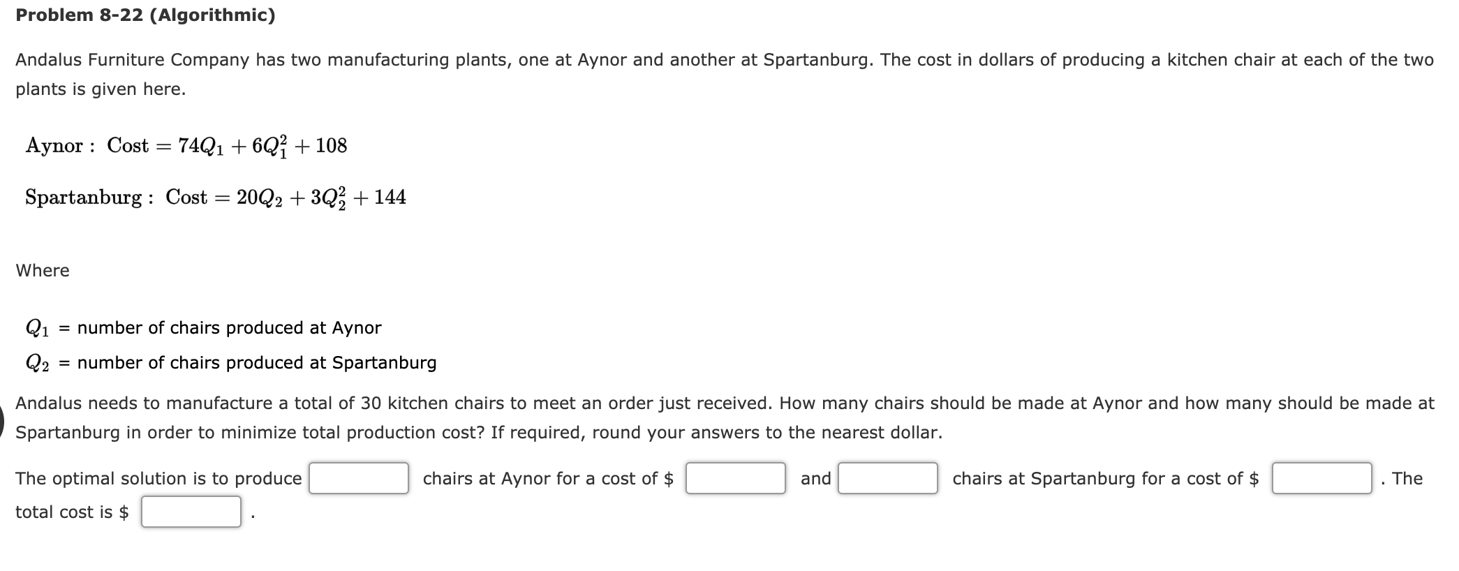 Solved Problem 8-22 (Algorithmic) Andalus Furniture Company | Chegg.com Solved Problem 8-22 (Algorithmic) Andalus Furniture Company | Chegg.com