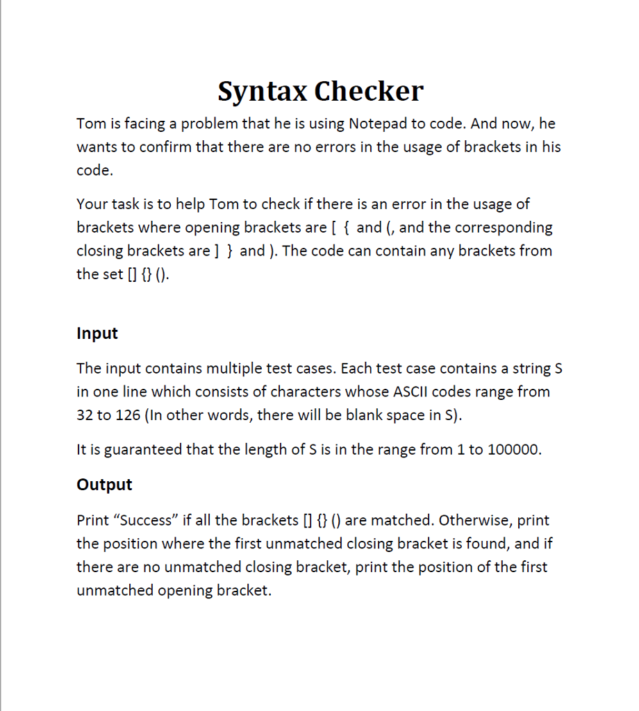 Solved Syntax Checker Tom is facing a problem that he is | Chegg.com