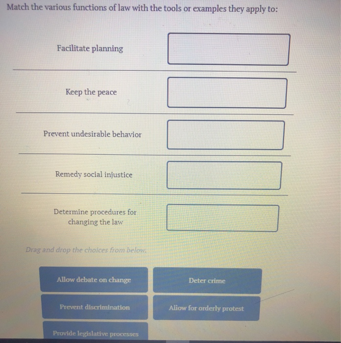 Solved Match the various functions of law with the tools or | Chegg.com